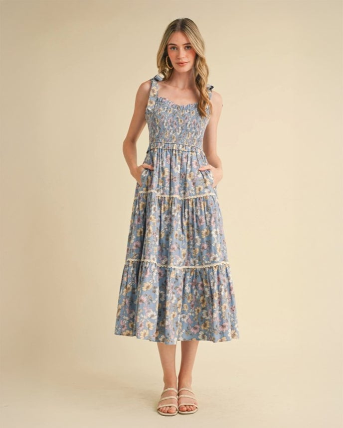 Floral Ruffled Lace Trim Midi Dress | White Barn Picket Fence